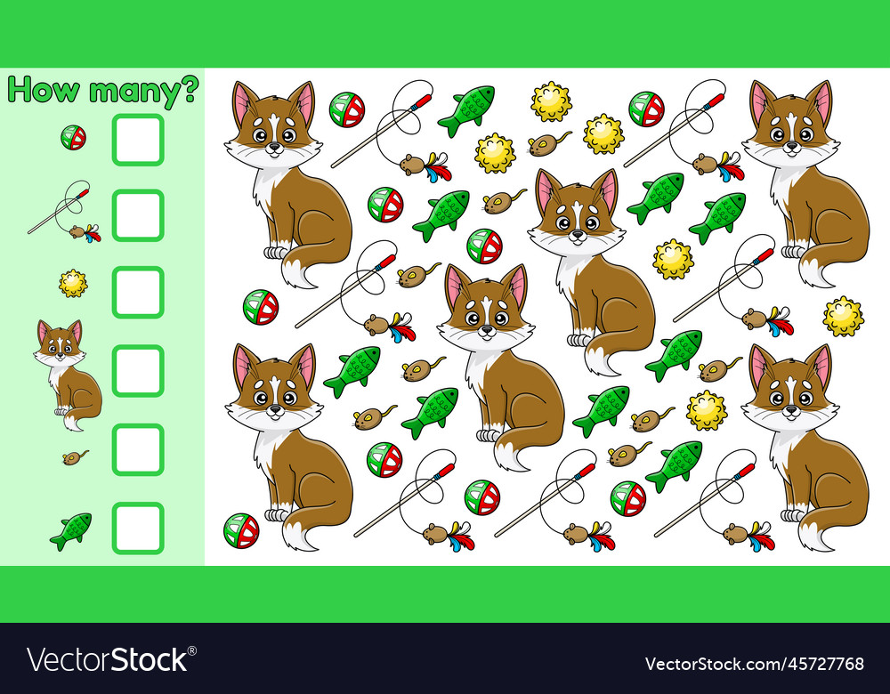 Counting game how many cartoon cat and pet goods Vector Image