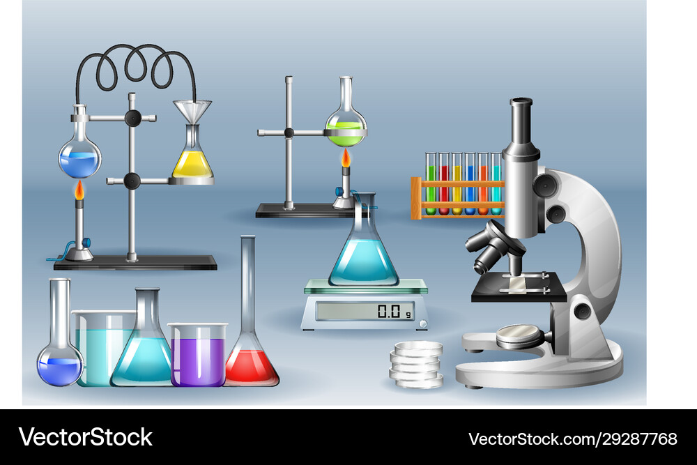 Lab equipments with beakers and micorscope Vector Image