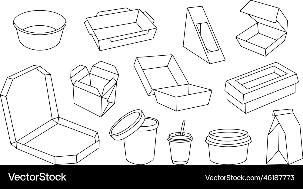 Cardboard food boxes outline set takeaway Vector Image