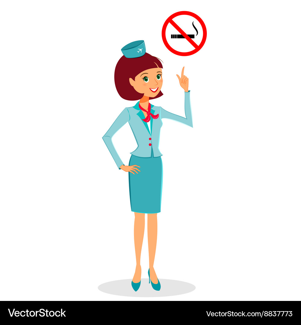 Cartoon flight attendant in uniform pointing on No