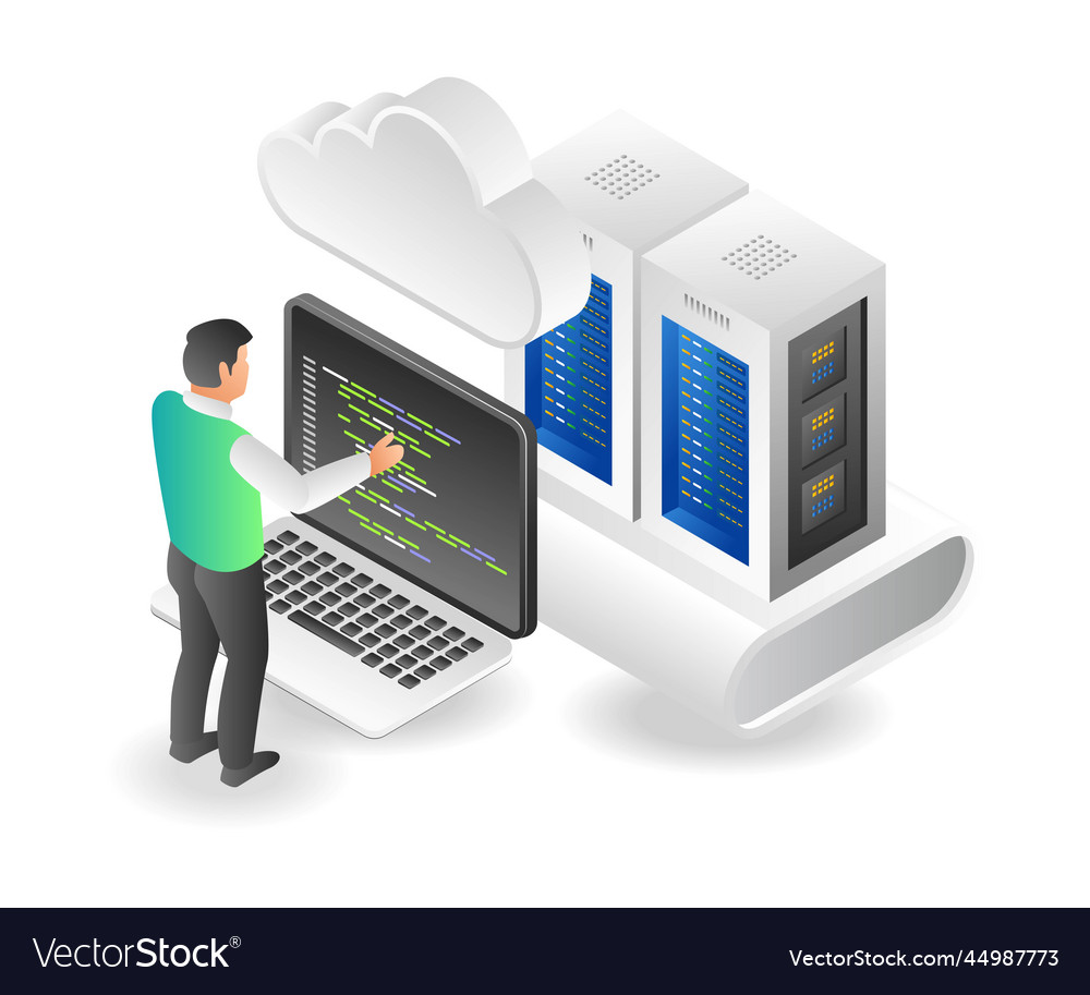 Concept isometric of man setting cloud server Vector Image