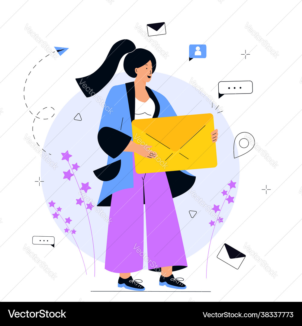 Girl holds huge envelope e-mail marketing concept Vector Image