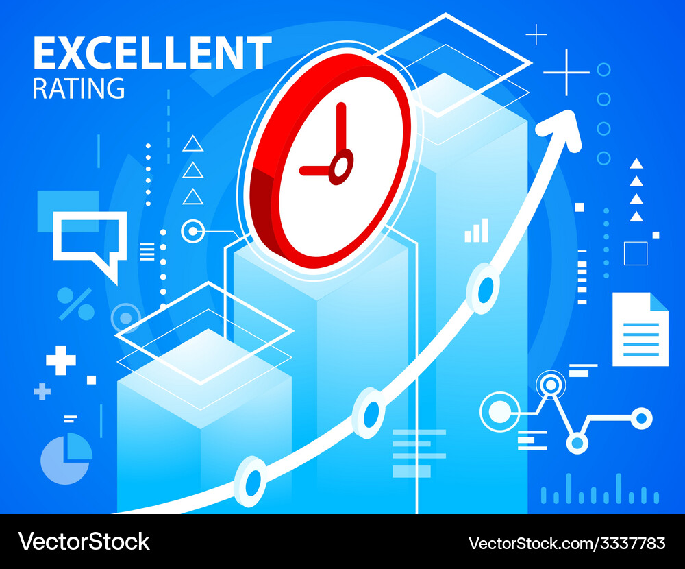 Bright excellent rating and clock on blue ba Vector Image