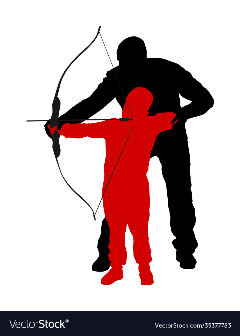 Dad teaches his son to hold bow and arrow Vector Image