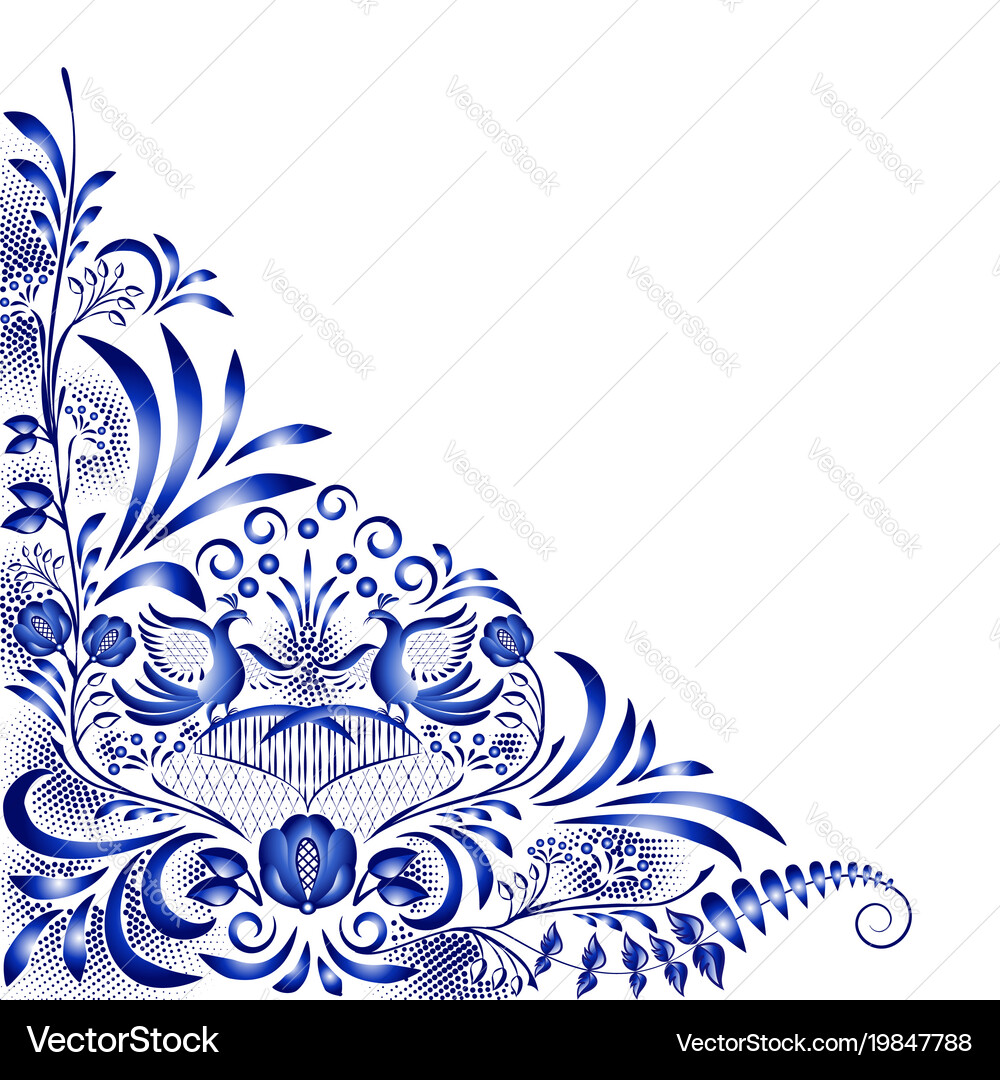 Corner blue pattern with birds and flowers in the Vector Image