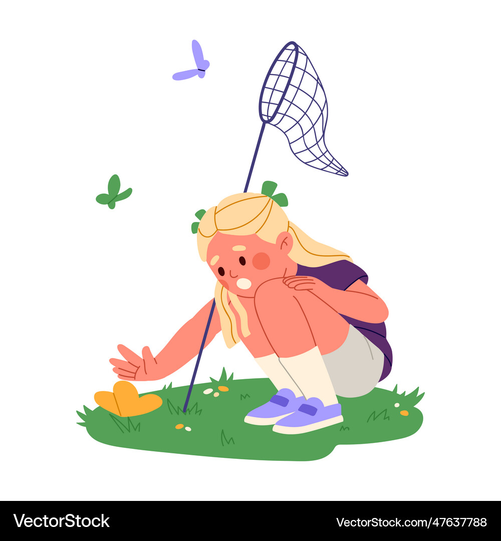 Kid catching butterflies with net catcher on Vector Image