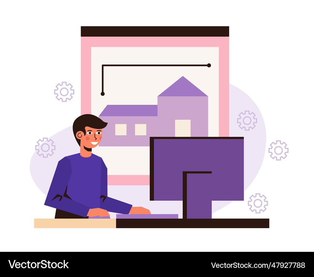Man working on computer in architect program Vector Image