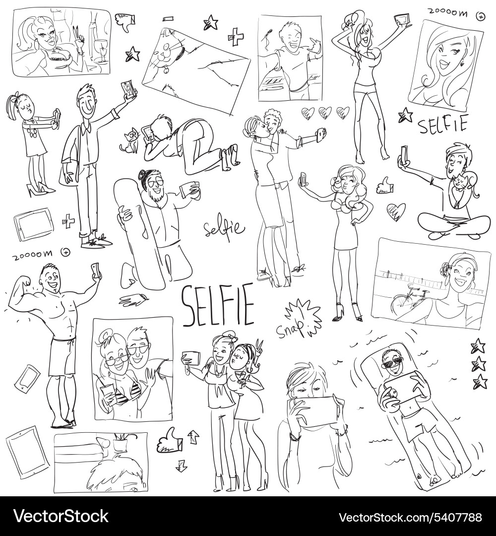 People taking a selfie cartoon doodles Royalty Free Vector
