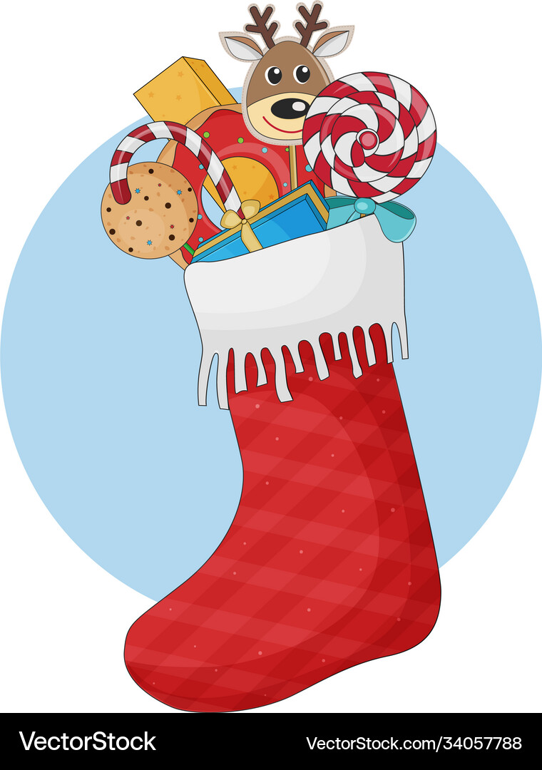 Red christmas stocking with gifts and sweets Vector Image