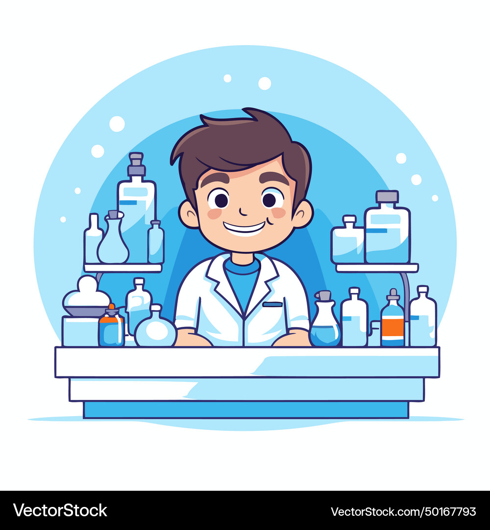 A boy in lab coat standing at the counter Vector Image