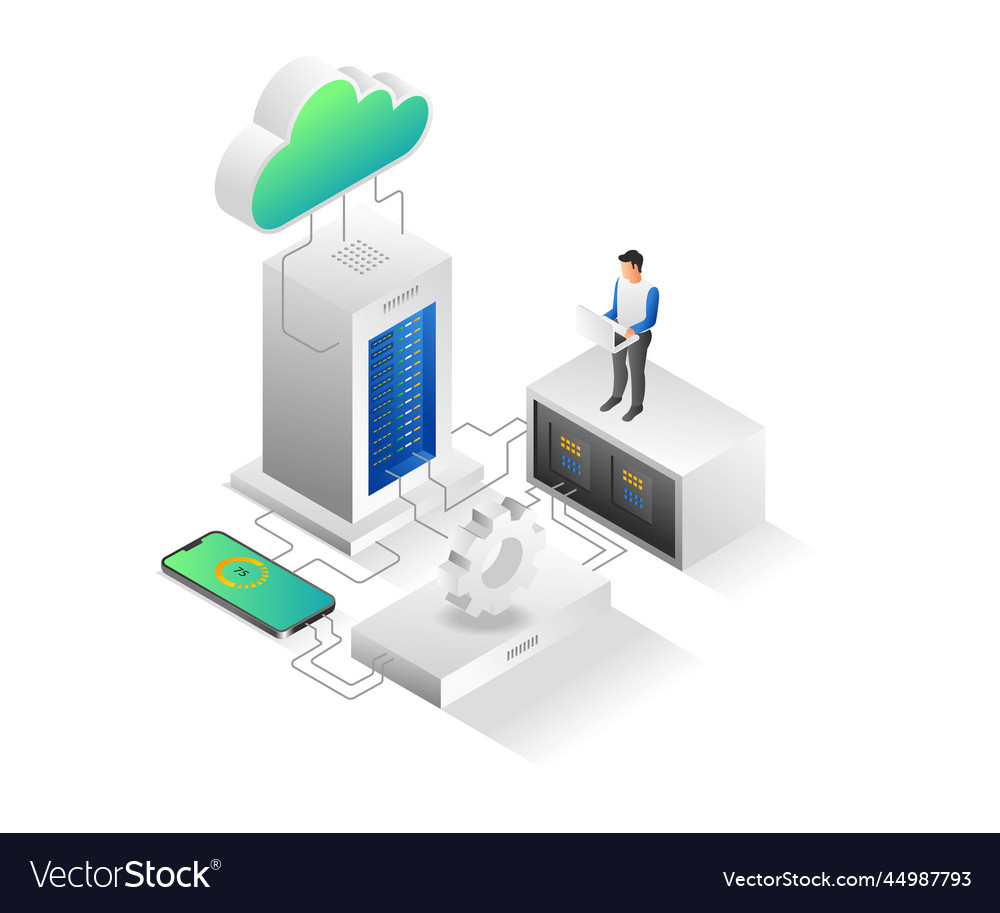 Flat isometric cloud server maintenance Royalty Free Vector