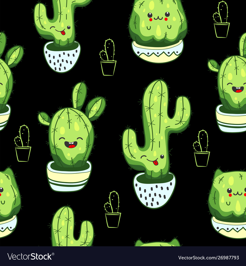 Seamless pattern with cute kawaii cactus Vector Image