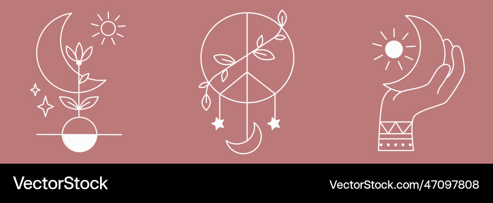 Boho line set outline moon and flowers dream Vector Image