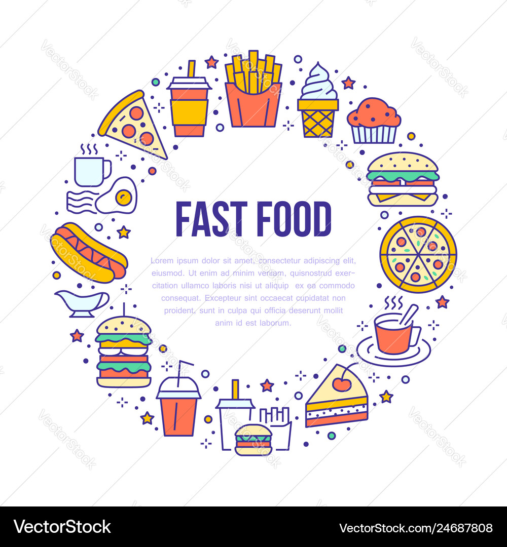 Fast food circle with flat line icons Royalty Free Vector