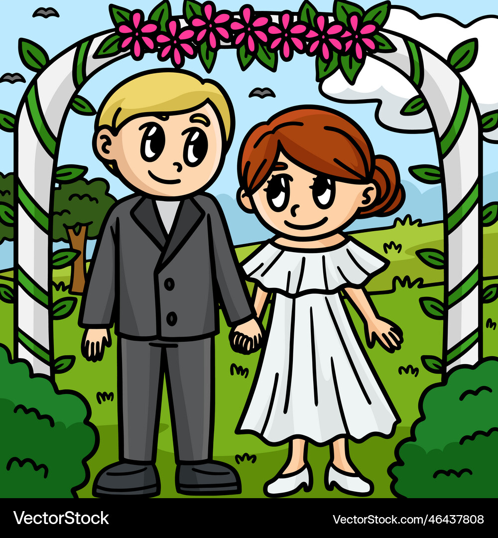 Wedding groom and bride colored cartoon Royalty Free Vector