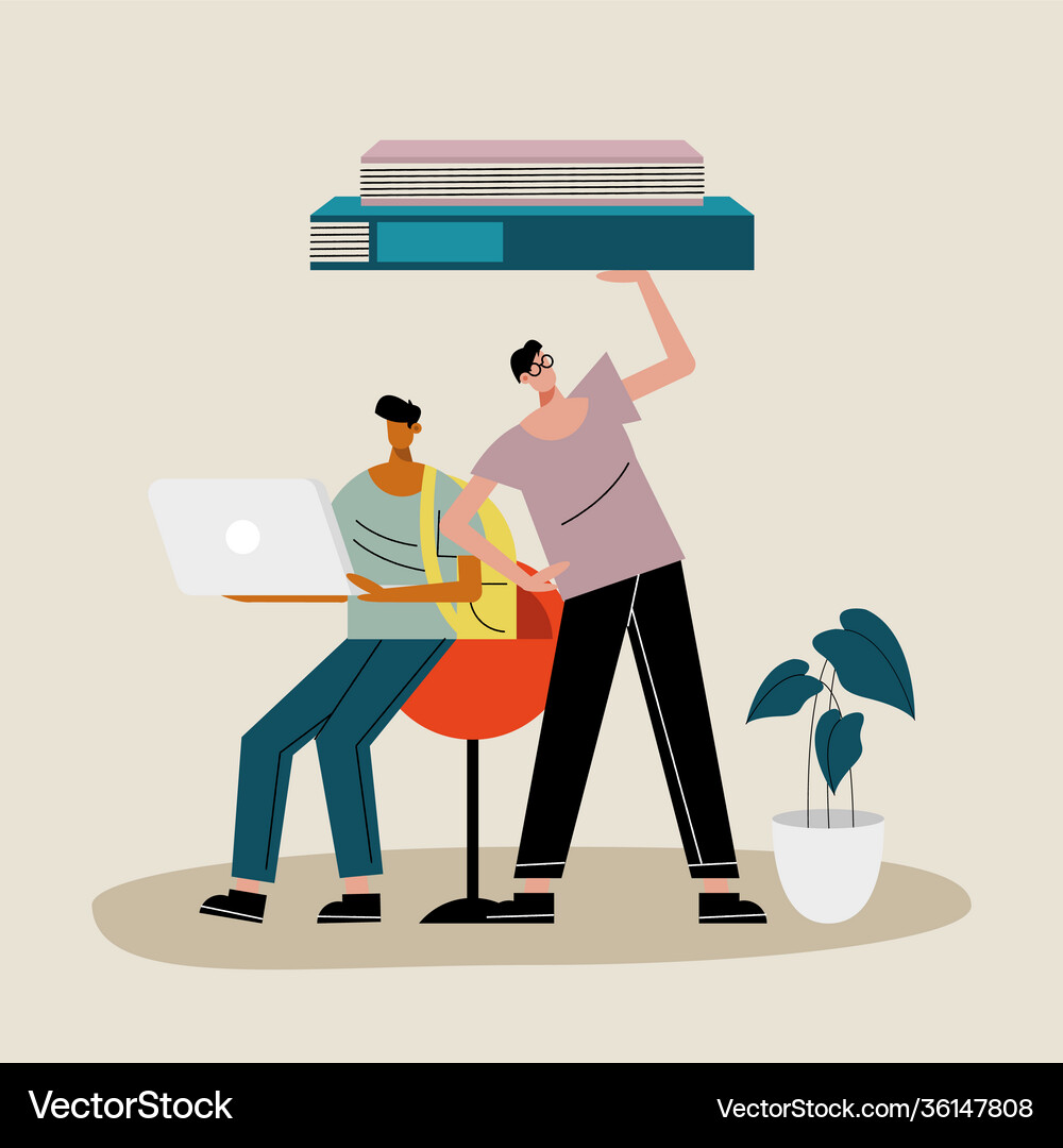Young men couple lifting books and using laptop Vector Image