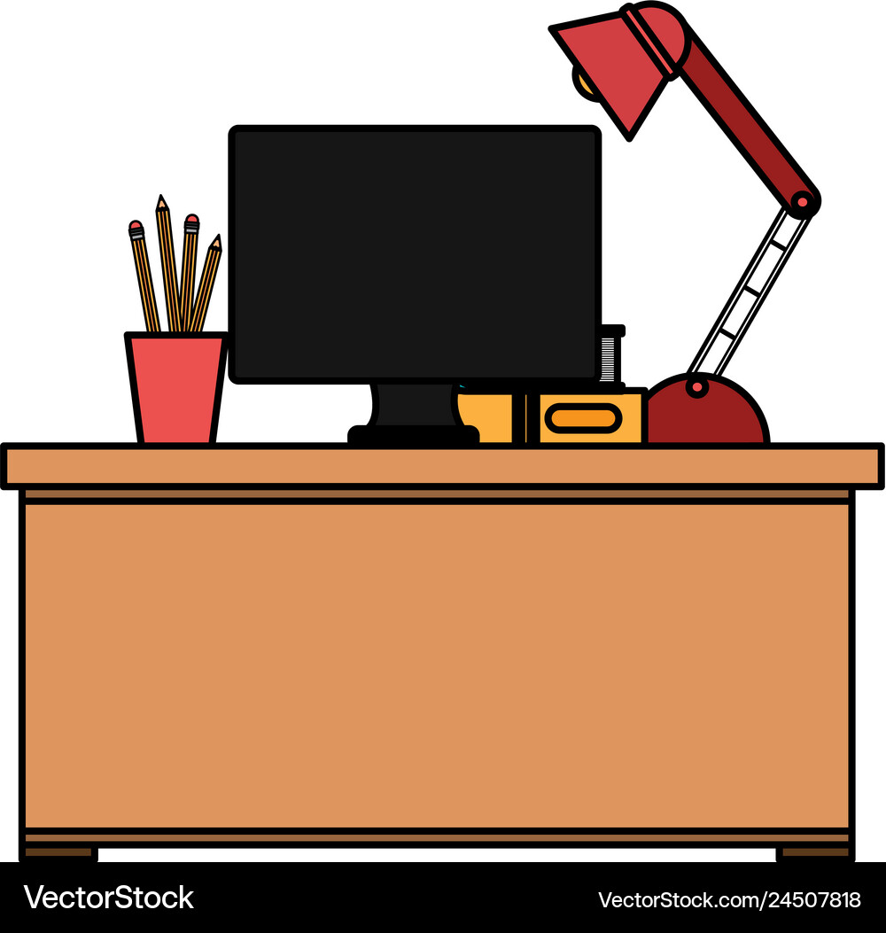 Office workplace with desk and desktop scene Vector Image