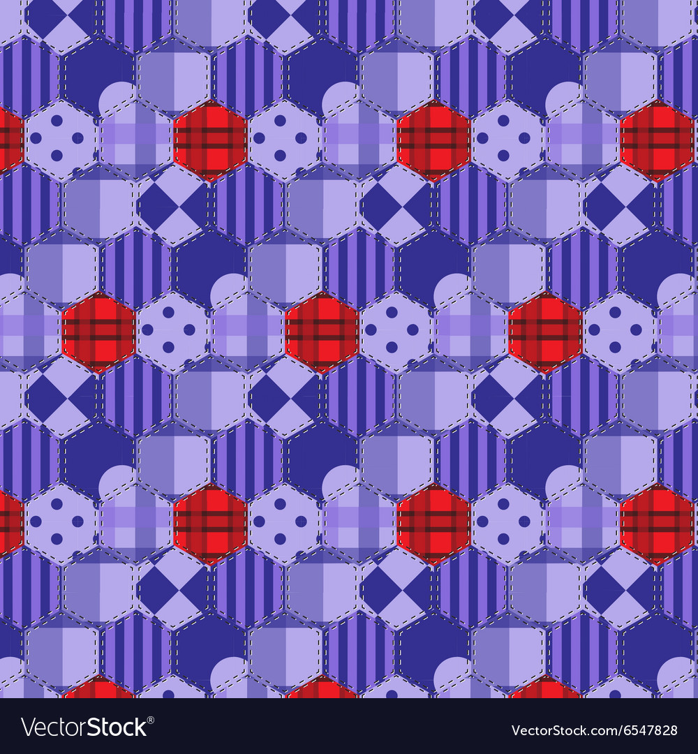 Seamless pattern patchwork purple fabrics hexagon Vector Image