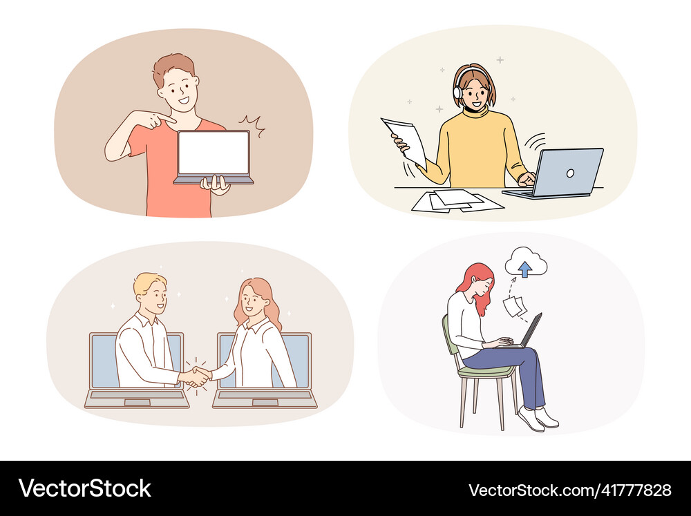 Set of diverse people working online on computers Vector Image