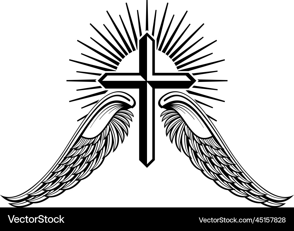 Shining cross engraving winged emblem holy sign Vector Image