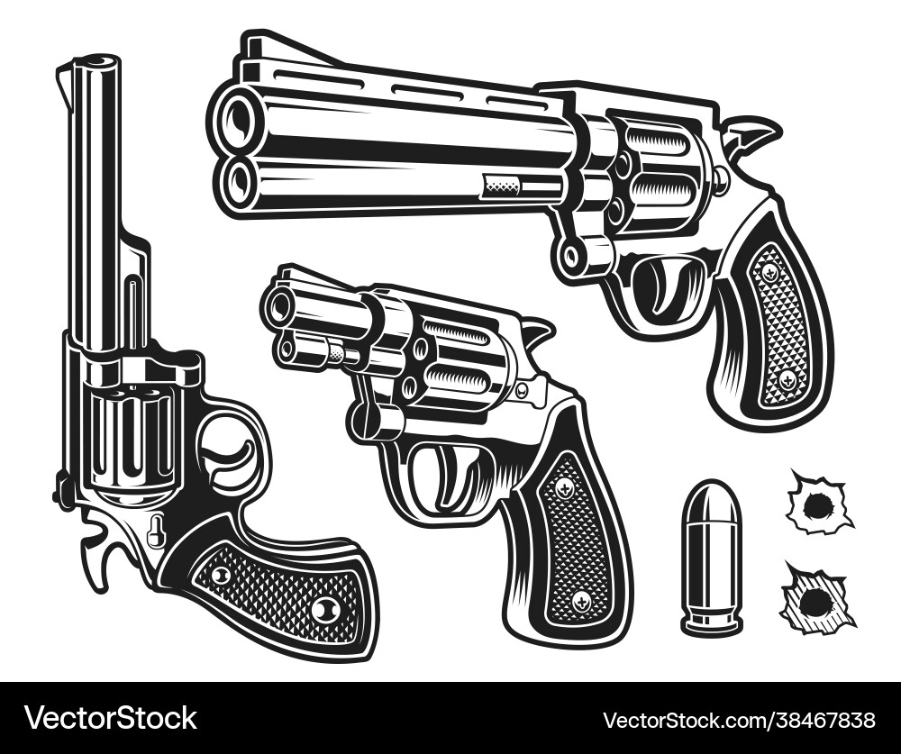 A set black and white revolvers isolated Vector Image