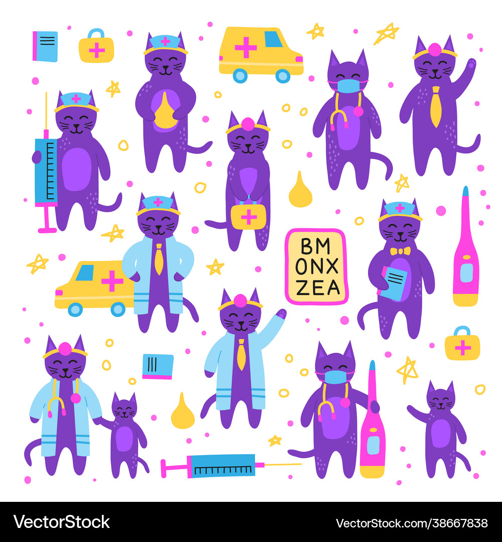 Set doodle doctor cats characters Royalty Free Vector Image
