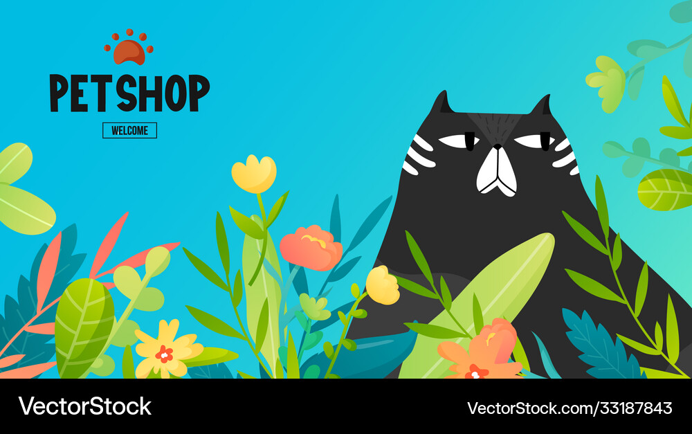 Black cat in grass and flowers text label Vector Image