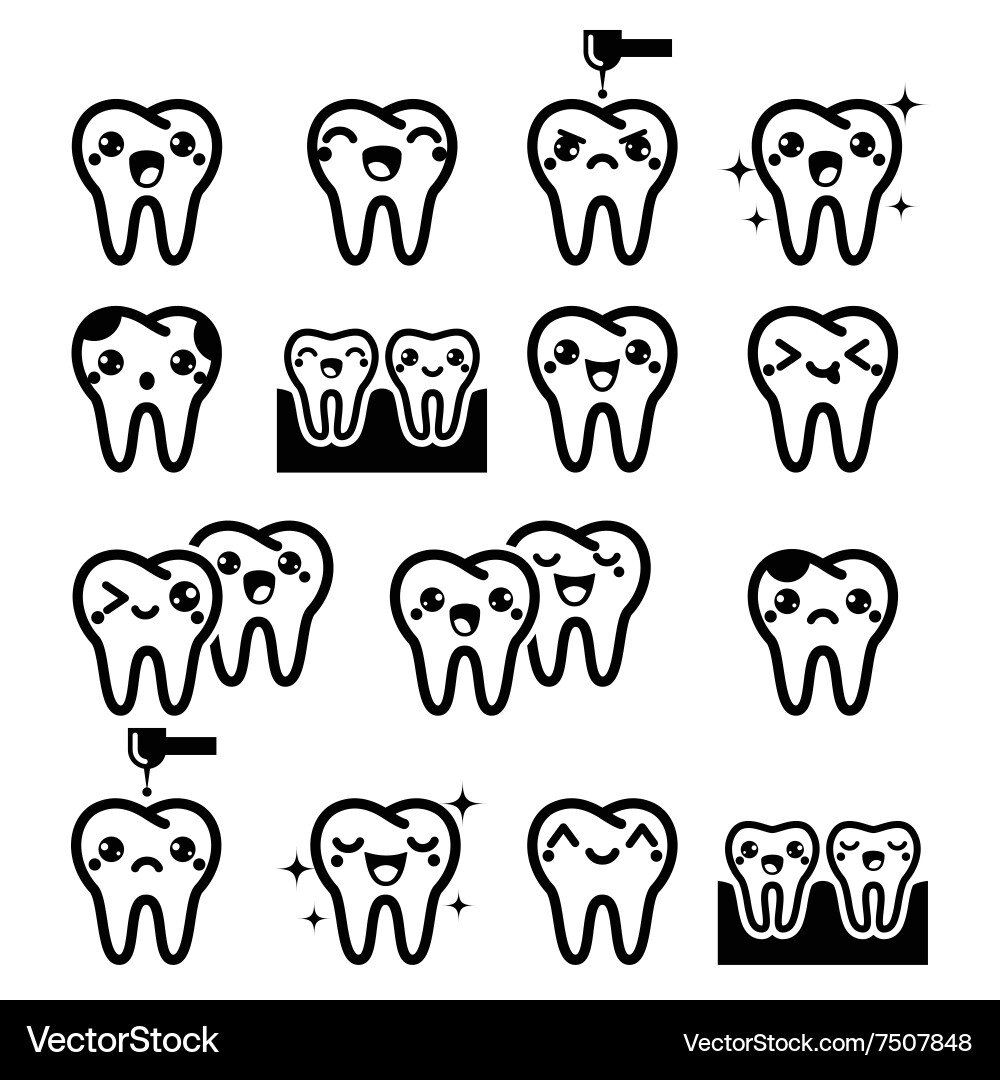 Kawaii tooth cute teeth characters - black Vector Image