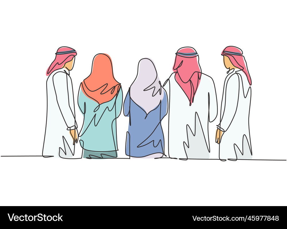 One continuous line drawing group of young muslim Vector Image
