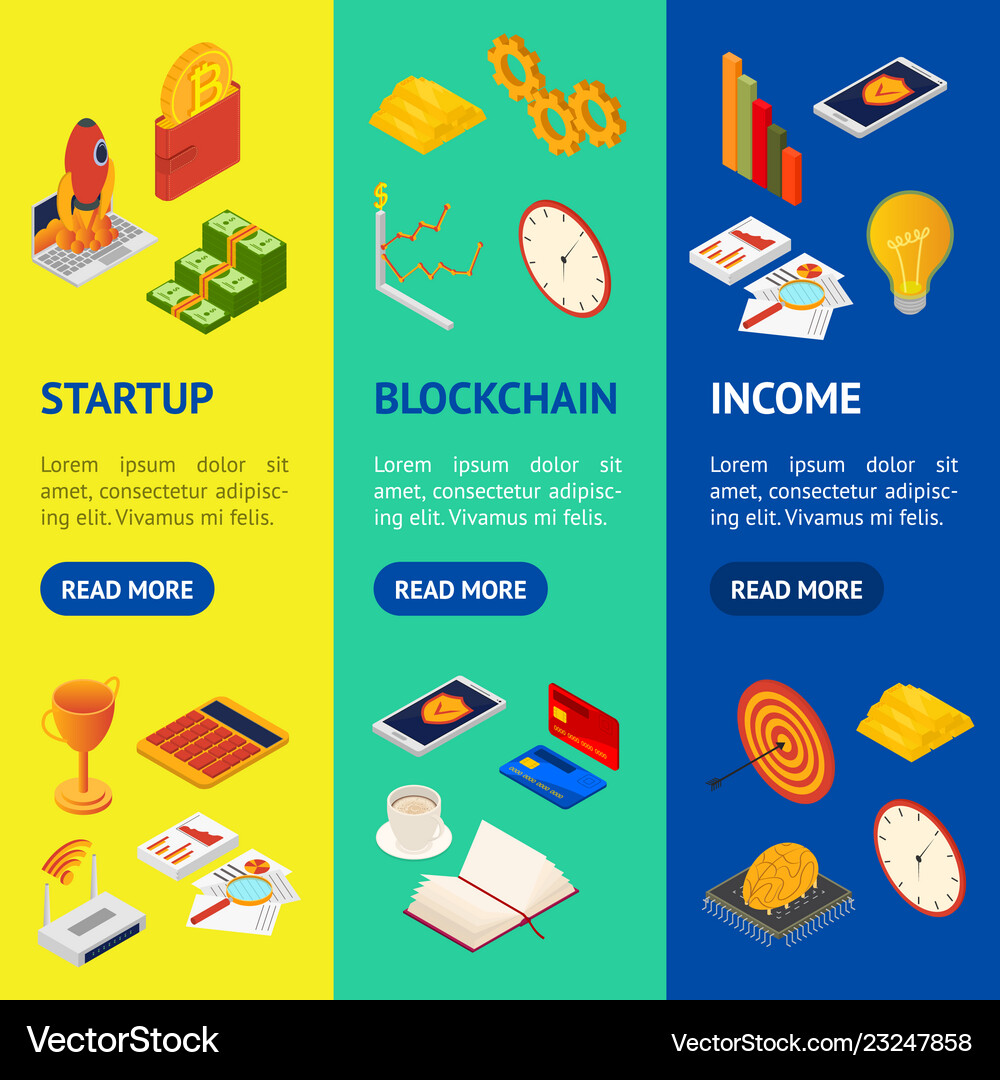 Blockchain startup signs 3d banner vertical set Vector Image