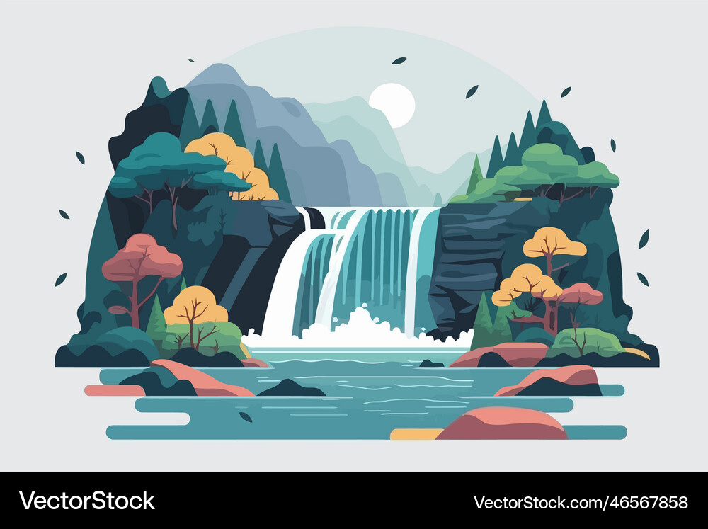 Landscape with a waterfall in the forest flat Vector Image