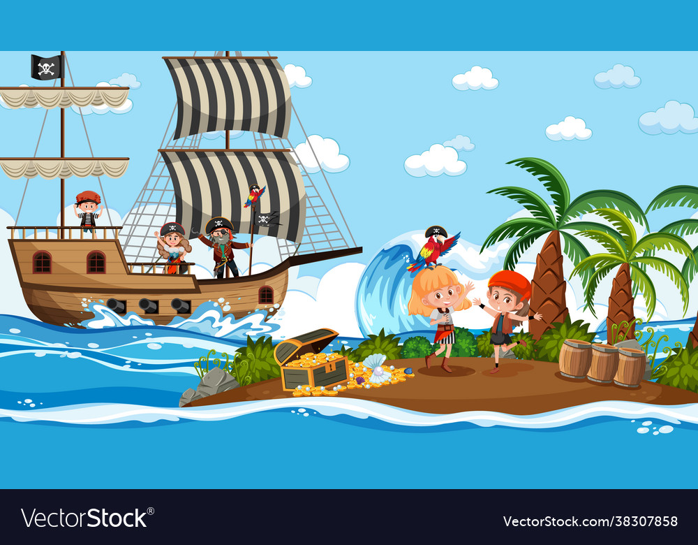 Treasure island scene at daytime with pirate kids Vector Image