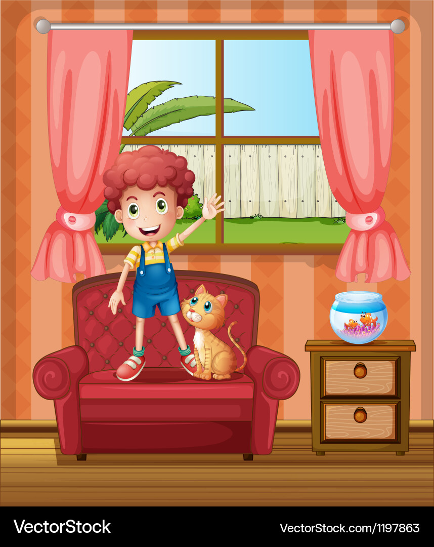 A boy standing at the sofa inside the house Vector Image