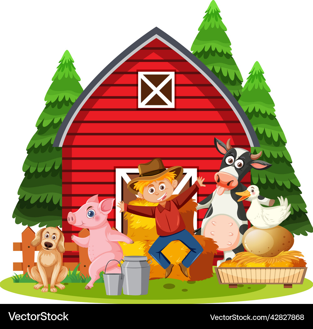 Barn farm with cartoon character Royalty Free Vector Image