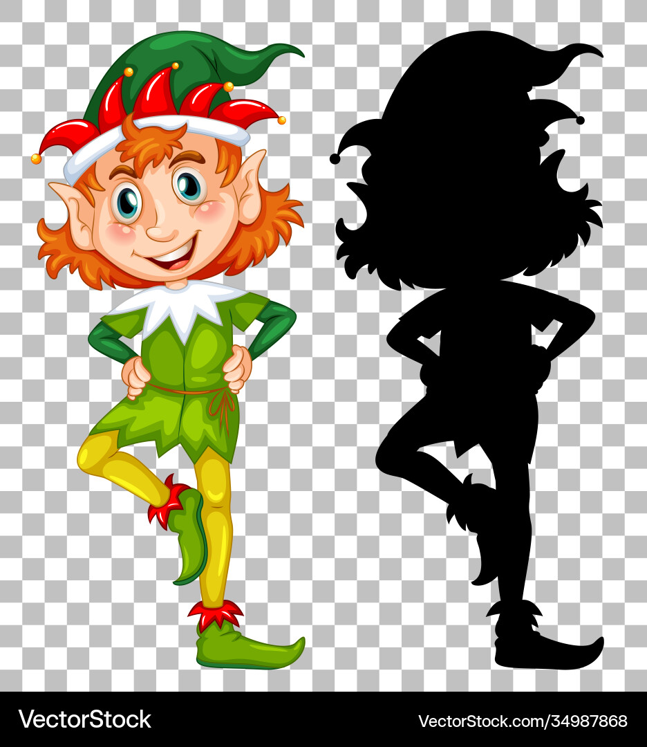 Elf cartoon character and its silhouette Vector Image