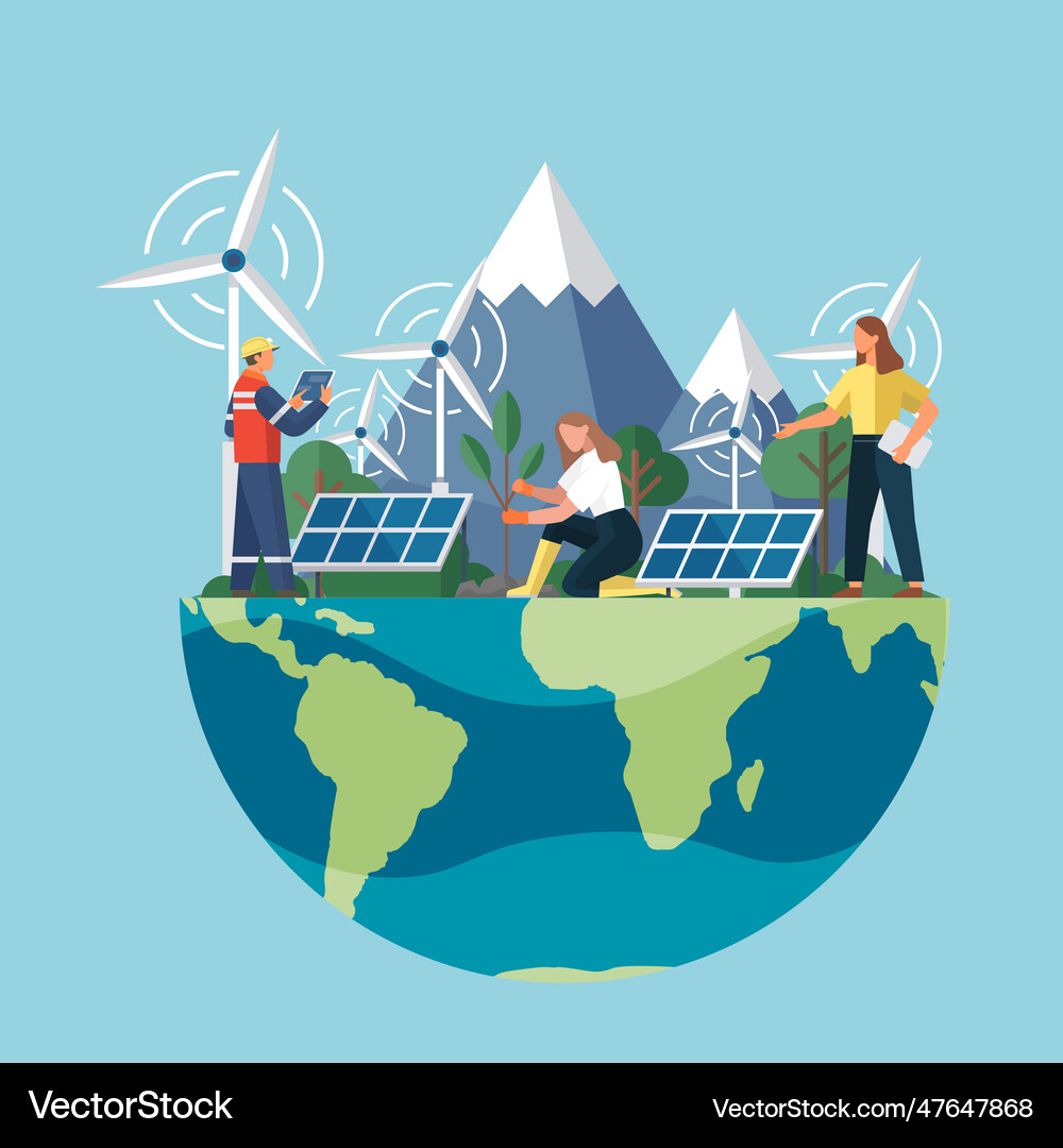 Windmills and house with solar panel cartoon Vector Image