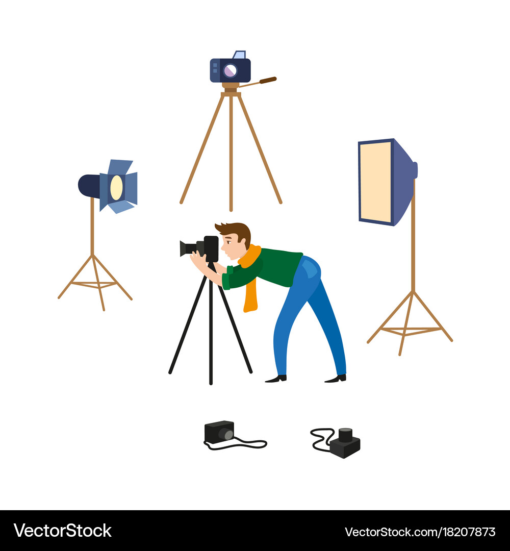 Flat man and photo equipment set Royalty Free Vector Image