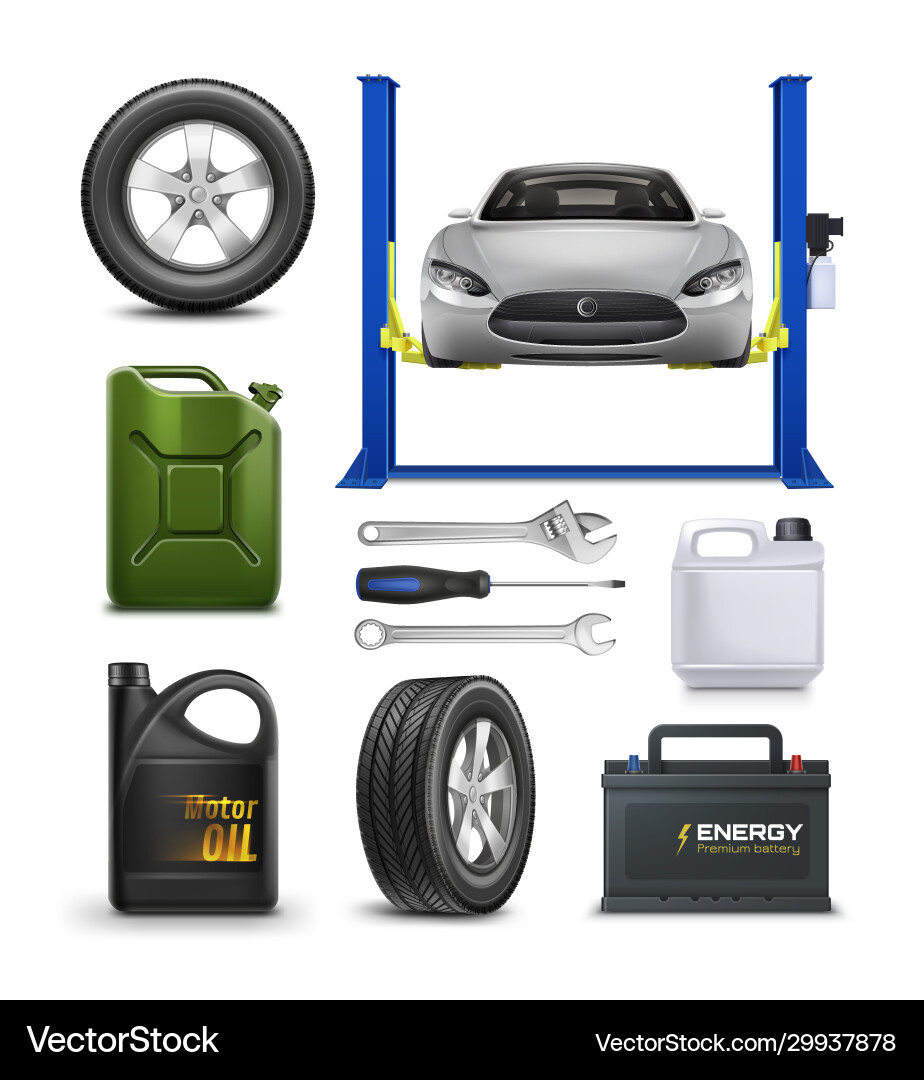 Realistic set for car service isolated Royalty Free Vector