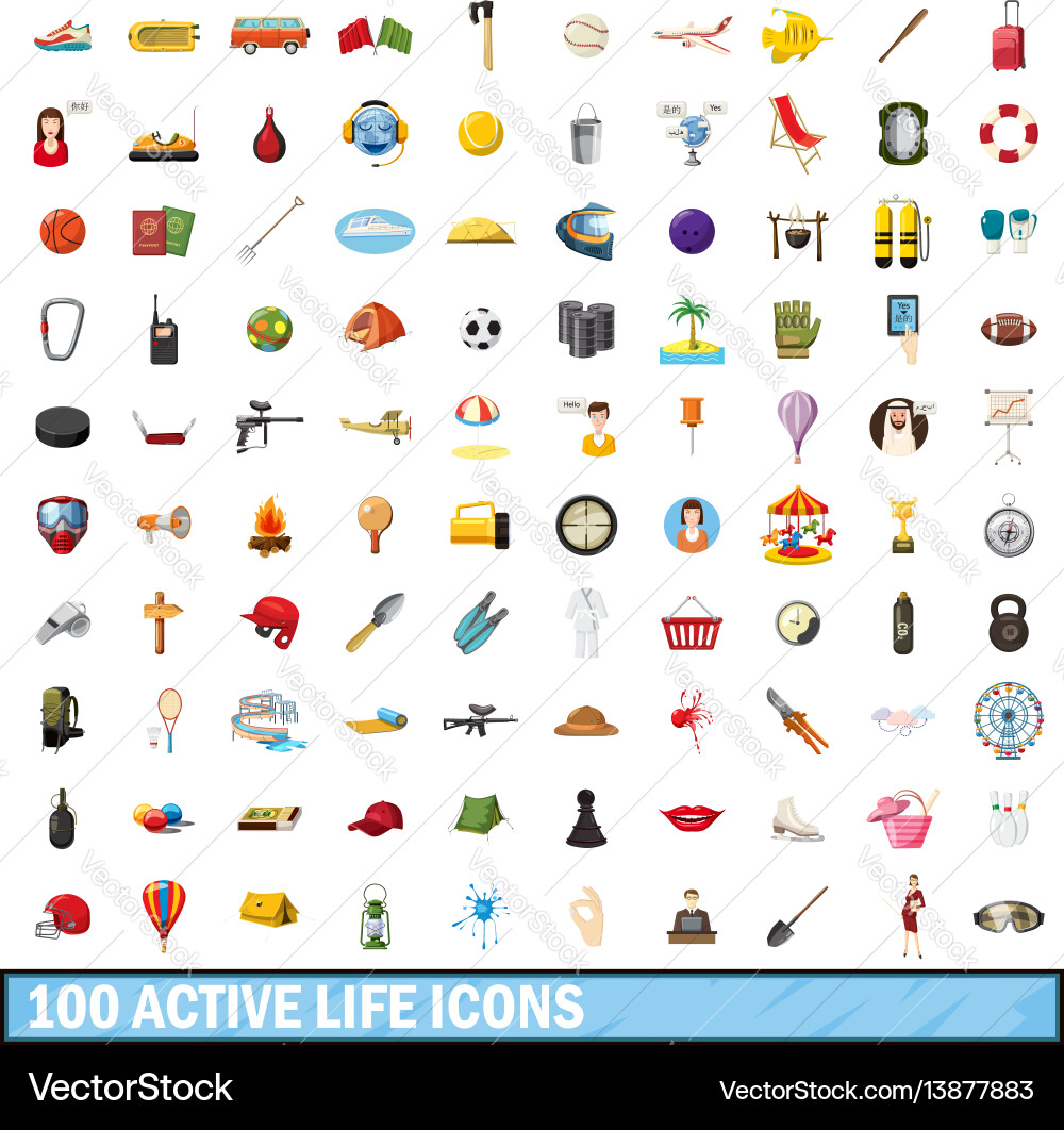 100 active life icons set cartoon style Royalty Free Vector