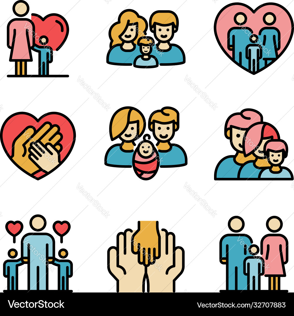 Foster family icons set flat Royalty Free Vector Image