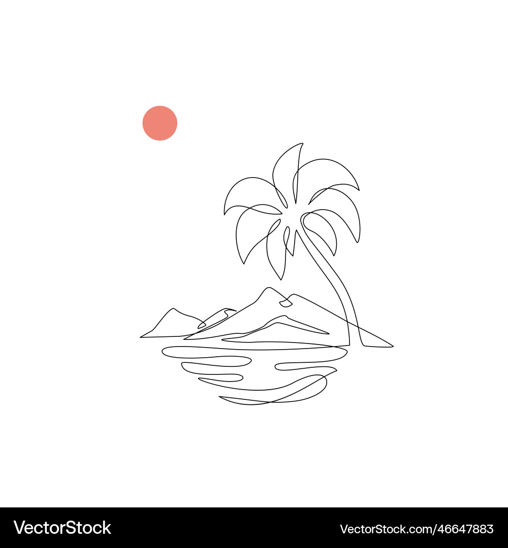 Oasis island line drawing with coconut palm tree Vector Image