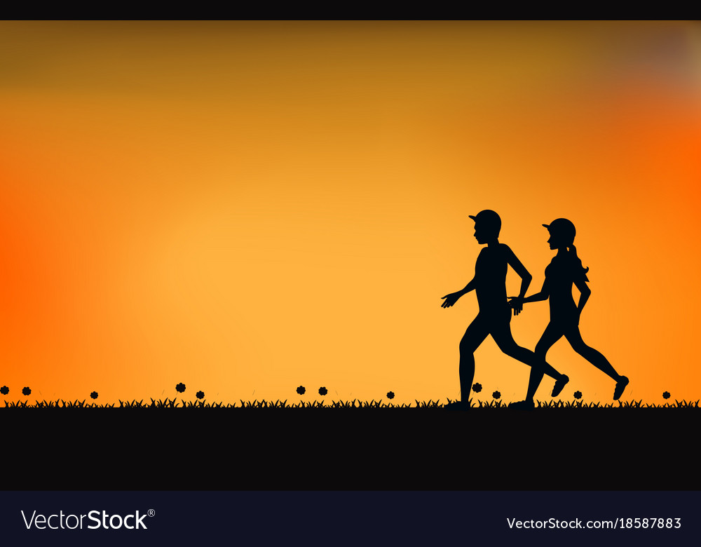 Silhouettes of couple runners with beautiful sky Vector Image