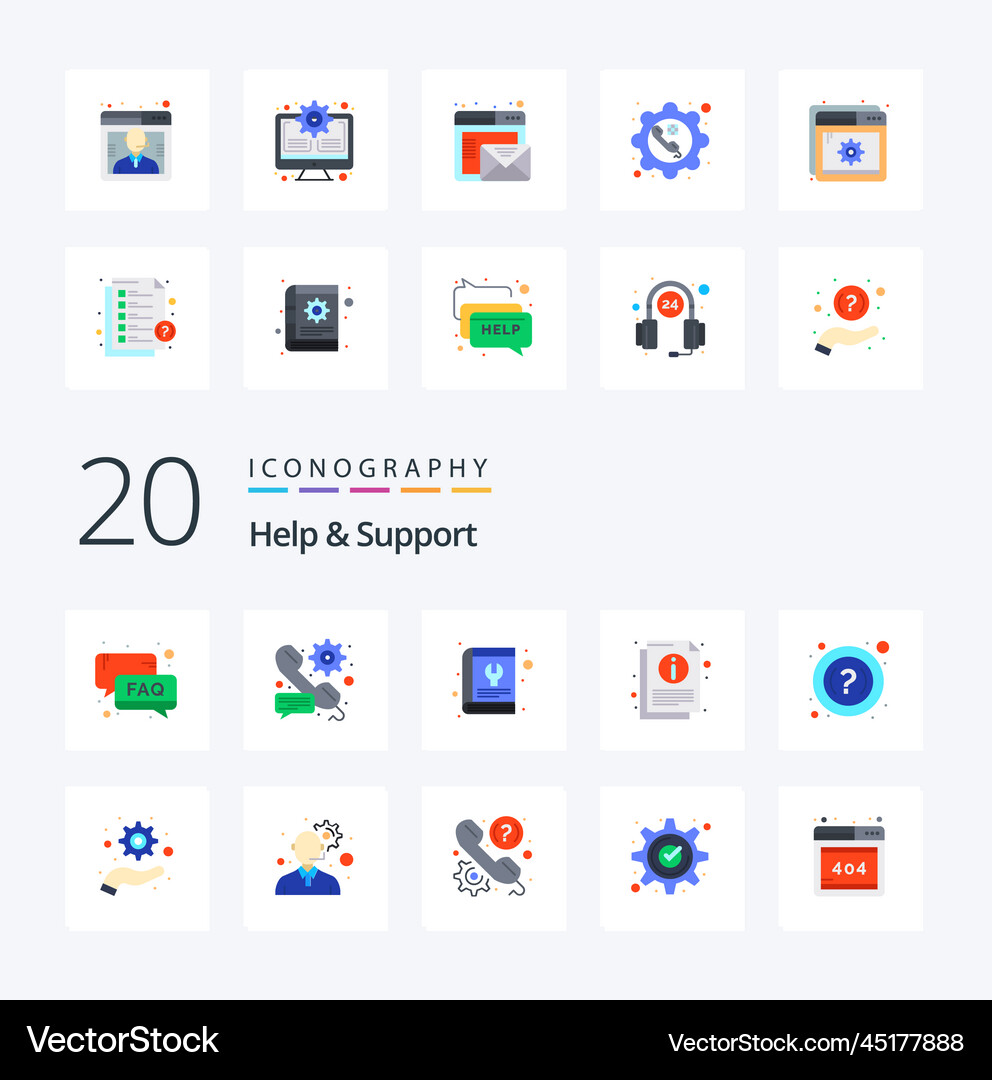 20 help and support flat color icon pack like Vector Image