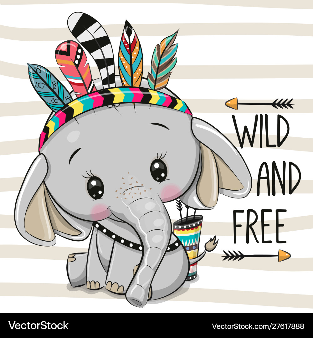 Cartoon elephant with feathers on a stripes Vector Image