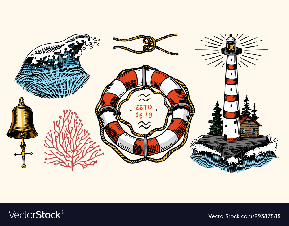 Nautical adventure set sea lighthouse marine Vector Image