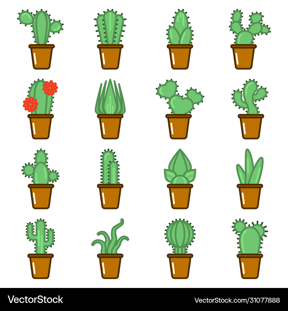 Set multicolored cactus icons cartoon image Vector Image