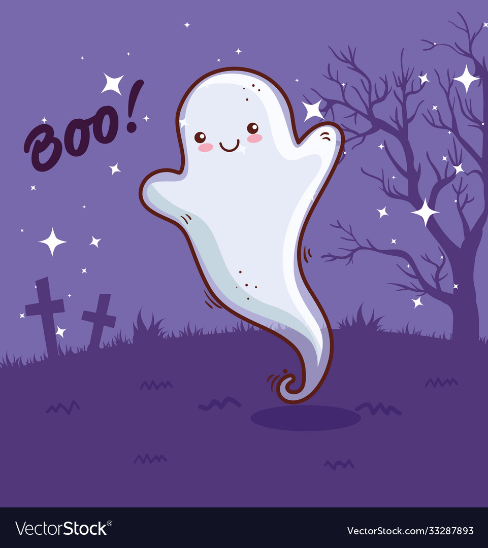 Happy halloween ghost in scene cemetery Royalty Free Vector