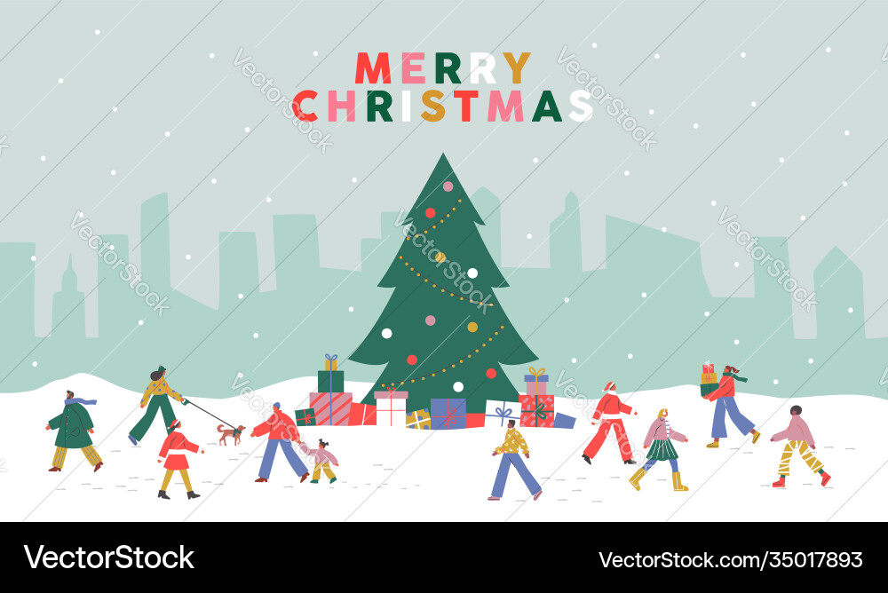 Merry christmas card people walking with pine tree