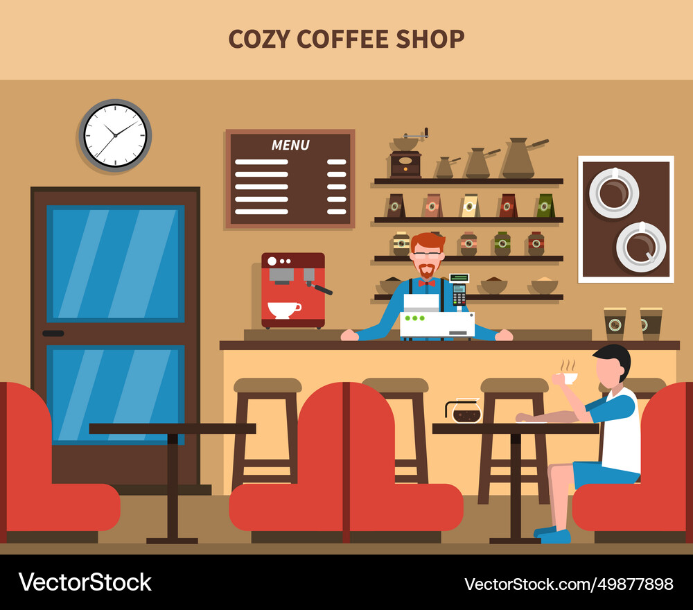 Coffee shop bar interior retro flat banner Vector Image