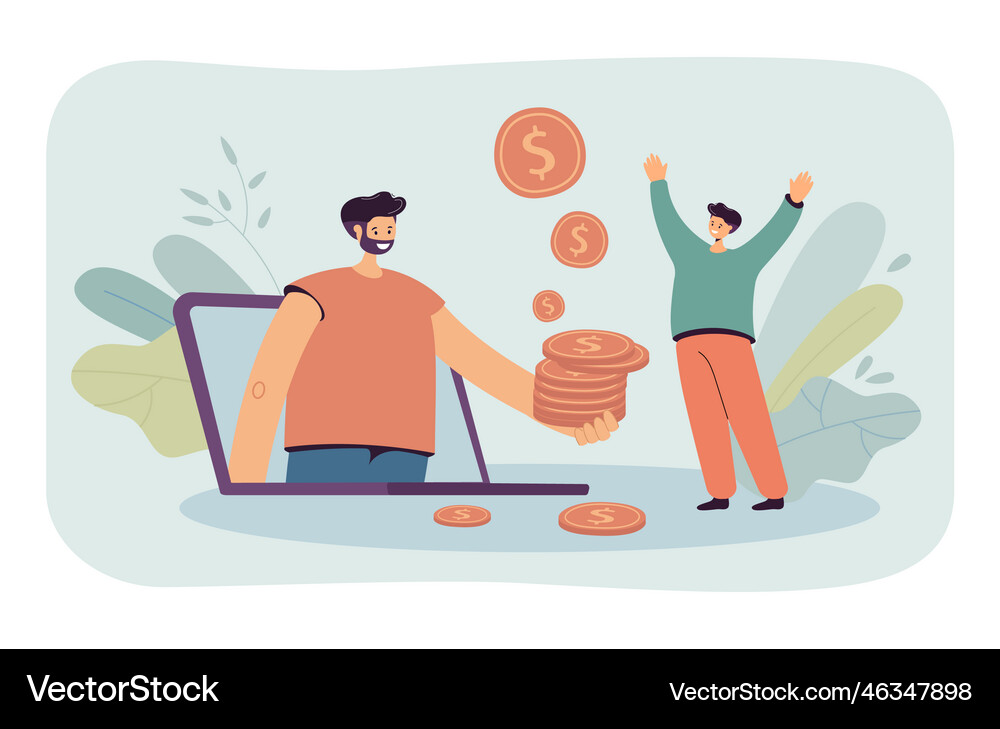 Happy tiny man getting cash prize or winning Vector Image